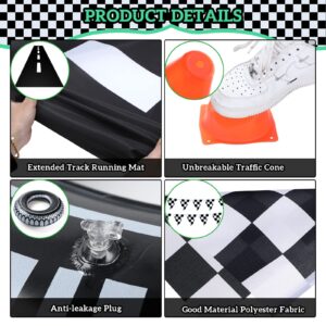 78 Pcs Race Car Birthday Party Decor Include 46 Traffic Light Balloons, 12 Traffic Cones, 12 Checkered Flag, 2 Pennant Banner, 2 Tire Swimming Ring, 1 Track Running Mat, and 3 Assembly Accessories