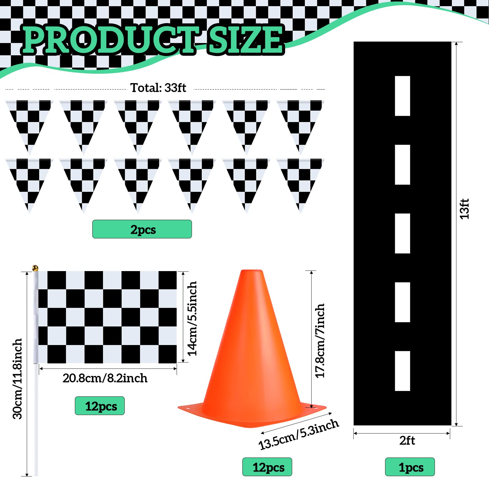 78 Pcs Race Car Birthday Party Decor Include 46 Traffic Light Balloons, 12 Traffic Cones, 12 Checkered Flag, 2 Pennant Banner, 2 Tire Swimming Ring, 1 Track Running Mat, and 3 Assembly Accessories