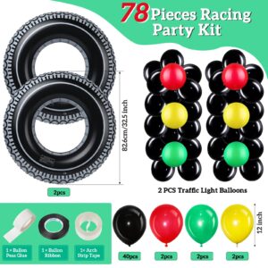 78 Pcs Race Car Birthday Party Decor Include 46 Traffic Light Balloons, 12 Traffic Cones, 12 Checkered Flag, 2 Pennant Banner, 2 Tire Swimming Ring, 1 Track Running Mat, and 3 Assembly Accessories