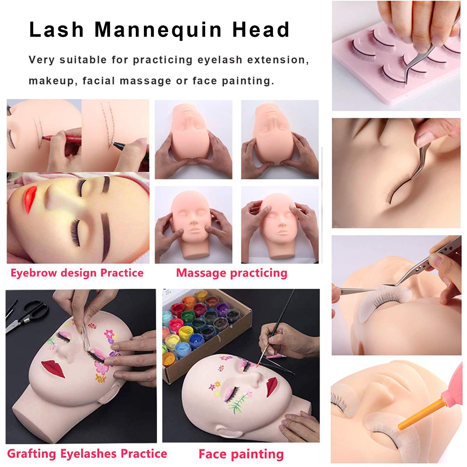 LXIANGN Lash Mannequin Head,Professional Make Up Paint Eye Lash Extention Practice Training Head Soft-Touch Manikin Cosmetology Mannequin Doll Face Head