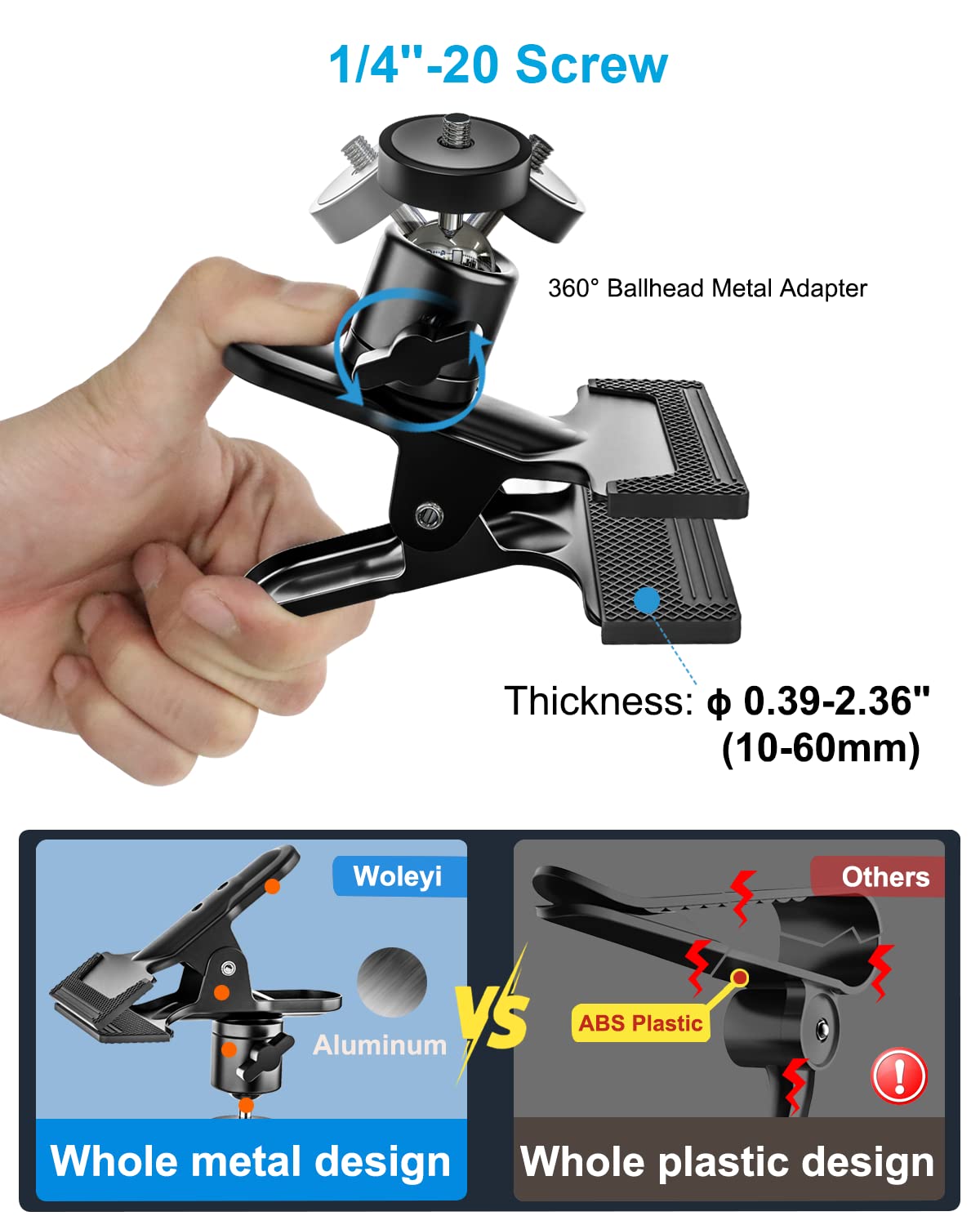 Sun Visor Phone Holder for Car [360° Super Metal Clip] Car Visor Cell Phone Mount, Universal Steering Wheel Phone Clamp with 1/4'' Screw Adapter for iPhone, Android Smartphone, Tablet, Gopro, Camera