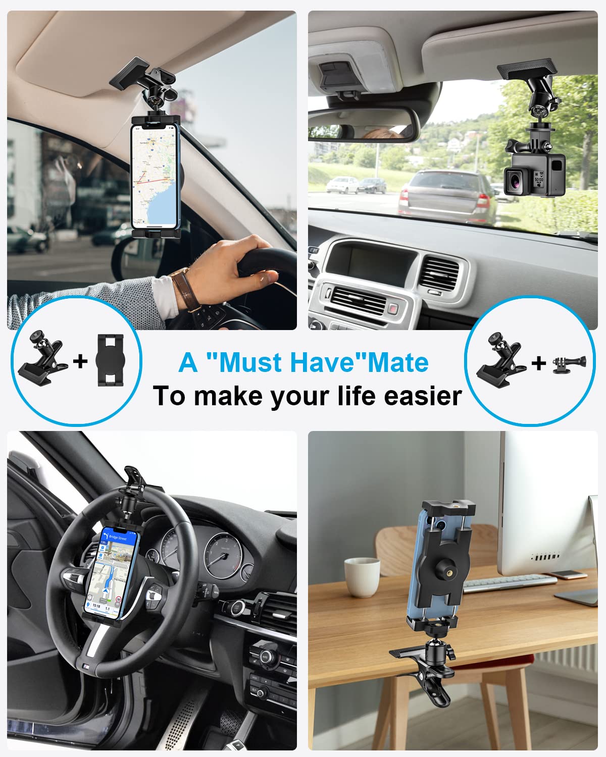 Sun Visor Phone Holder for Car [360° Super Metal Clip] Car Visor Cell Phone Mount, Universal Steering Wheel Phone Clamp with 1/4'' Screw Adapter for iPhone, Android Smartphone, Tablet, Gopro, Camera