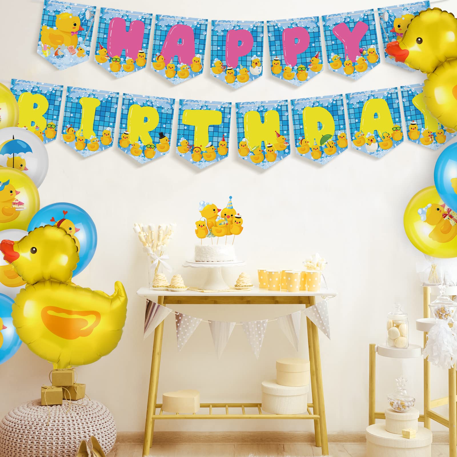 Leitee 57 Pcs Duck Birthday Decorations Latex Duck Balloon Duck Shape Foil Balloon Happy Birthday Garland Banner Duck Cake Topper Cupcake Topper Duck Decor Rubber Duck Themed Party Supplies (Novel)