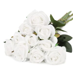 cewor 10pcs artificial roses with stems white roses fake flowers decorations for valentine's day bridal bouquet wedding party home decor (white)