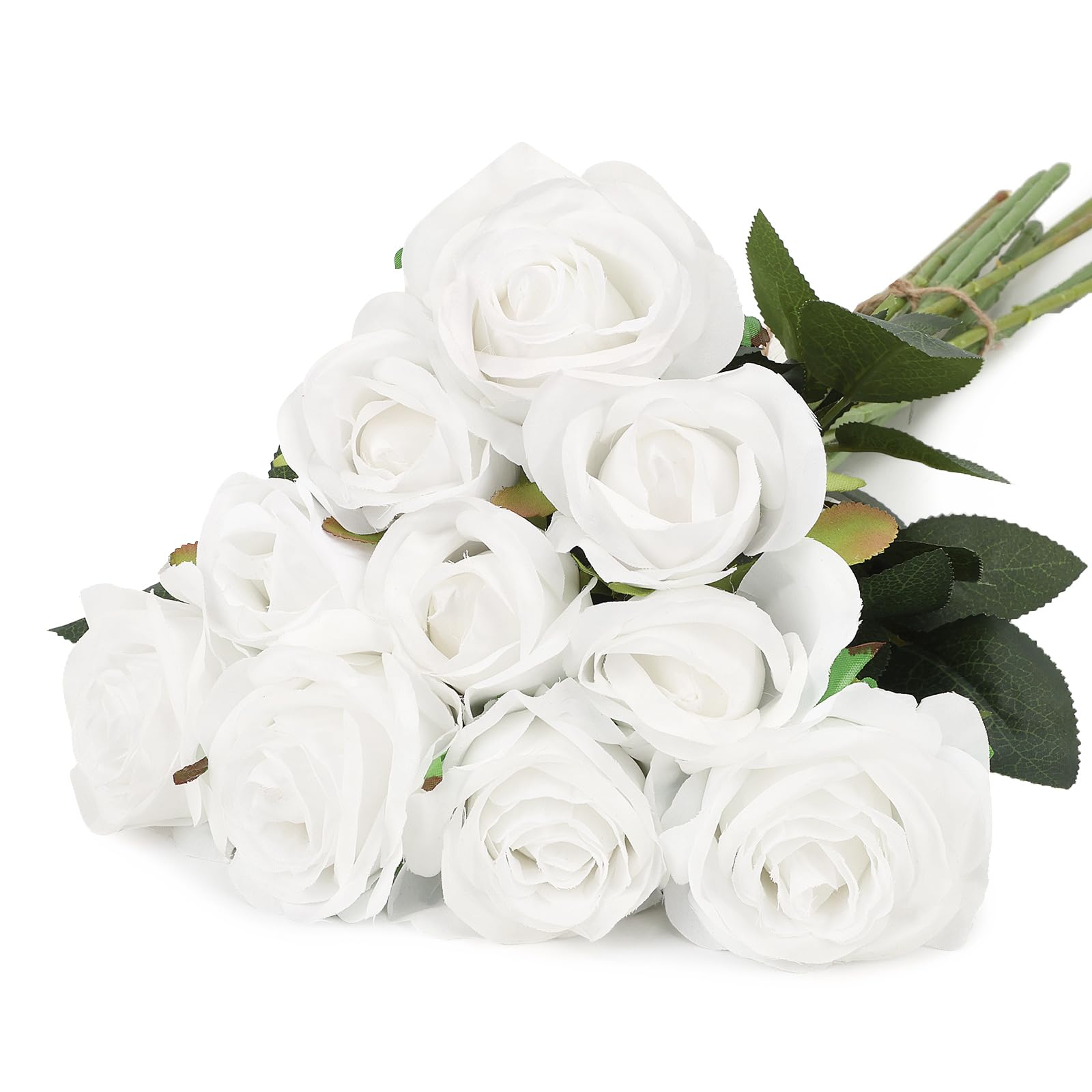 CEWOR 10pcs Artificial Roses with Stems White Roses Fake Flowers Decorations for Valentine's Day Bridal Bouquet Wedding Party Home Decor (White)