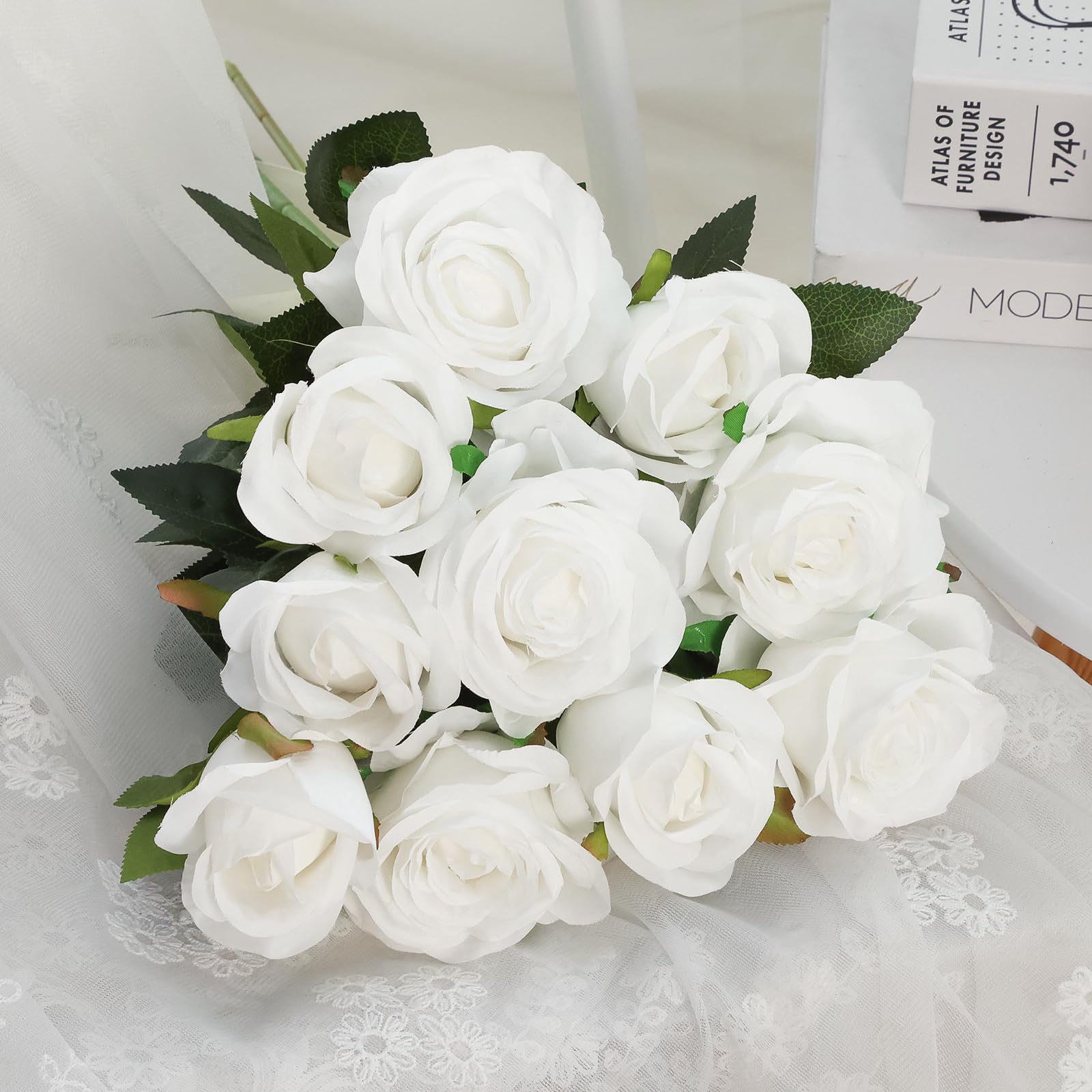 CEWOR 10pcs Artificial Roses with Stems White Roses Fake Flowers Decorations for Valentine's Day Bridal Bouquet Wedding Party Home Decor (White)