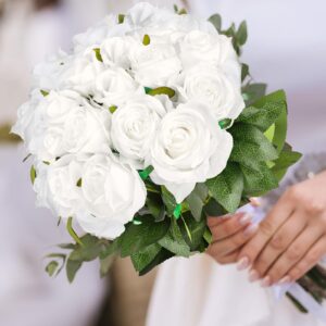 CEWOR 10pcs Artificial Roses with Stems White Roses Fake Flowers Decorations for Valentine's Day Bridal Bouquet Wedding Party Home Decor (White)