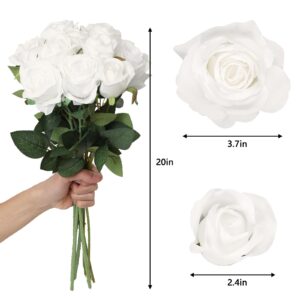 CEWOR 10pcs Artificial Roses with Stems White Roses Fake Flowers Decorations for Valentine's Day Bridal Bouquet Wedding Party Home Decor (White)