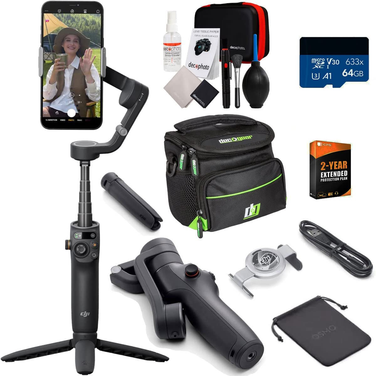 DJI Osmo Mobile 6 Smartphone Gimbal Stabilizer (Black) Accessory Bundle with Deco Gear Small Camera Bag, Lexar 64GB Memory Card, 2 Year CPS Enhanced Protection Pack and Cleaning Kit