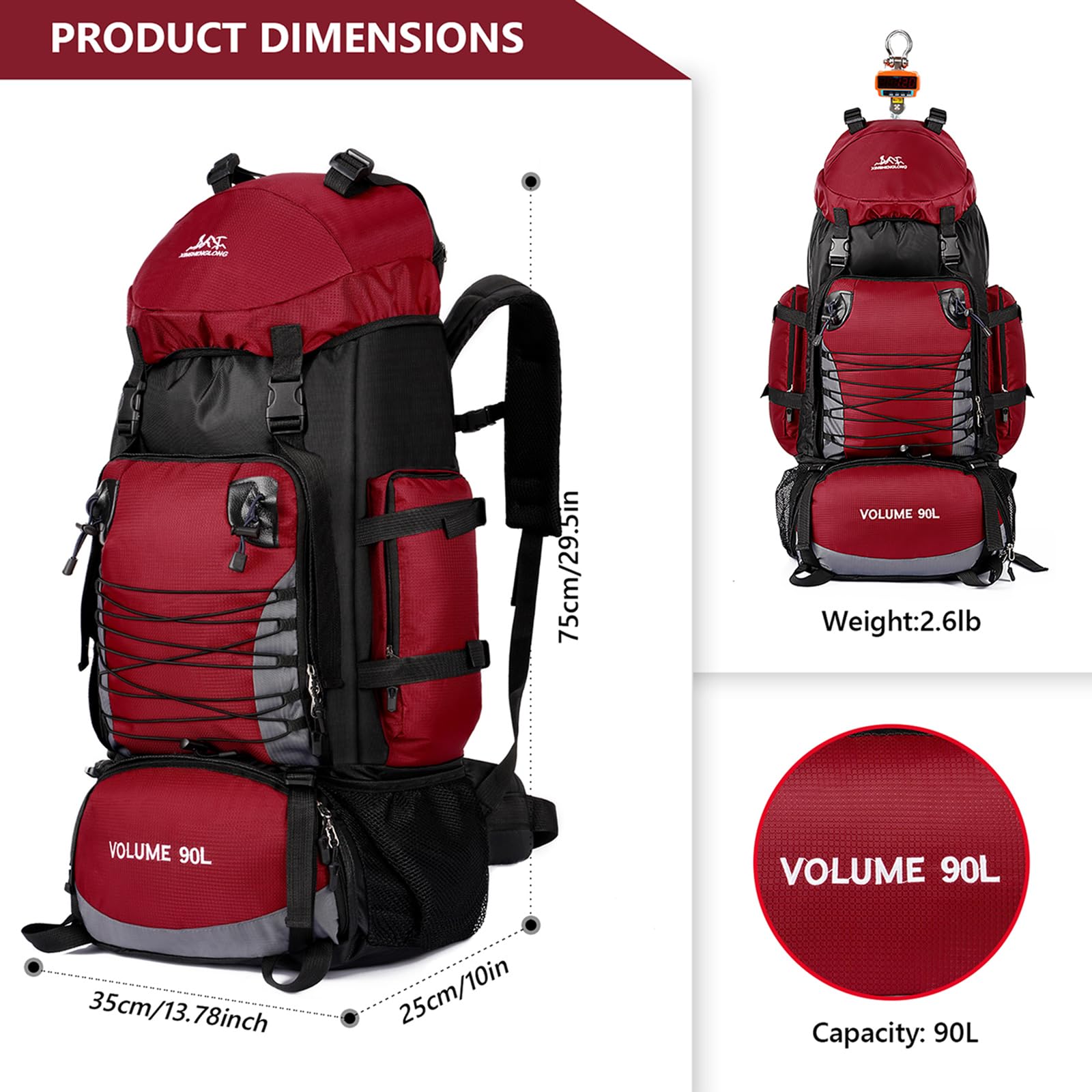 Unineovo 90L hiking backpack red