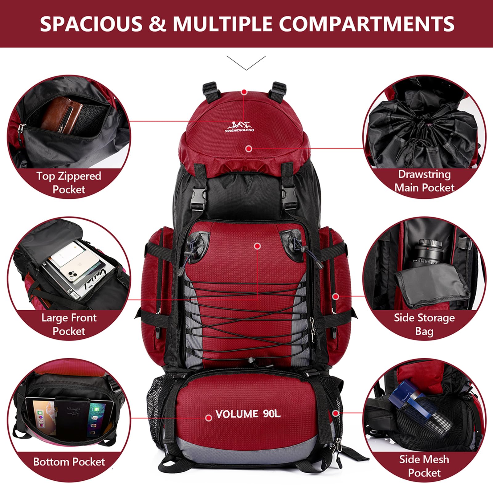 Unineovo 90L hiking backpack red