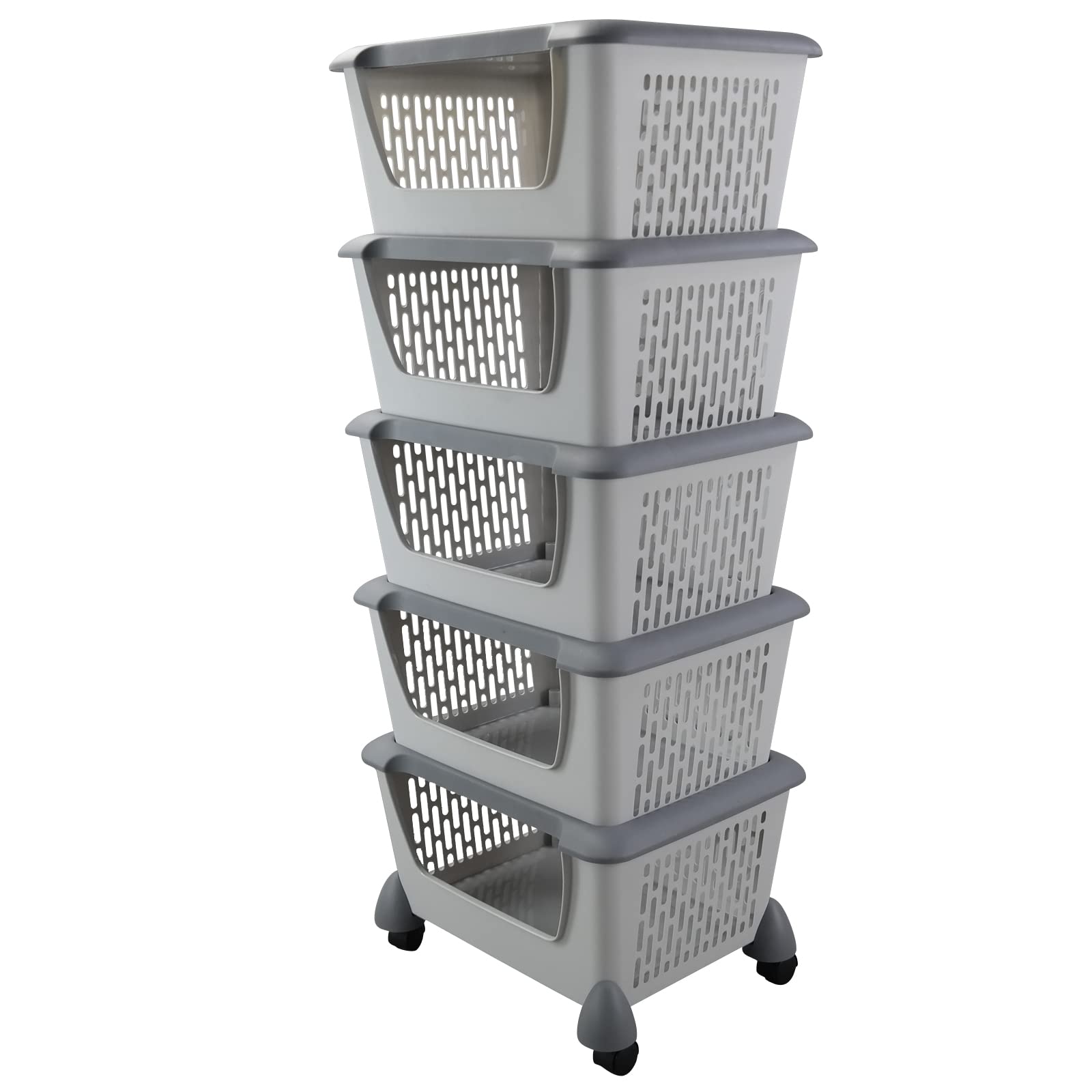 Farmoon 5 Pack Plastic Stackable Storage Baskets, Grey Plastic Stacking Baskets with Wheels