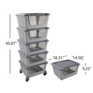 Farmoon 5 Pack Plastic Stackable Storage Baskets, Grey Plastic Stacking Baskets with Wheels