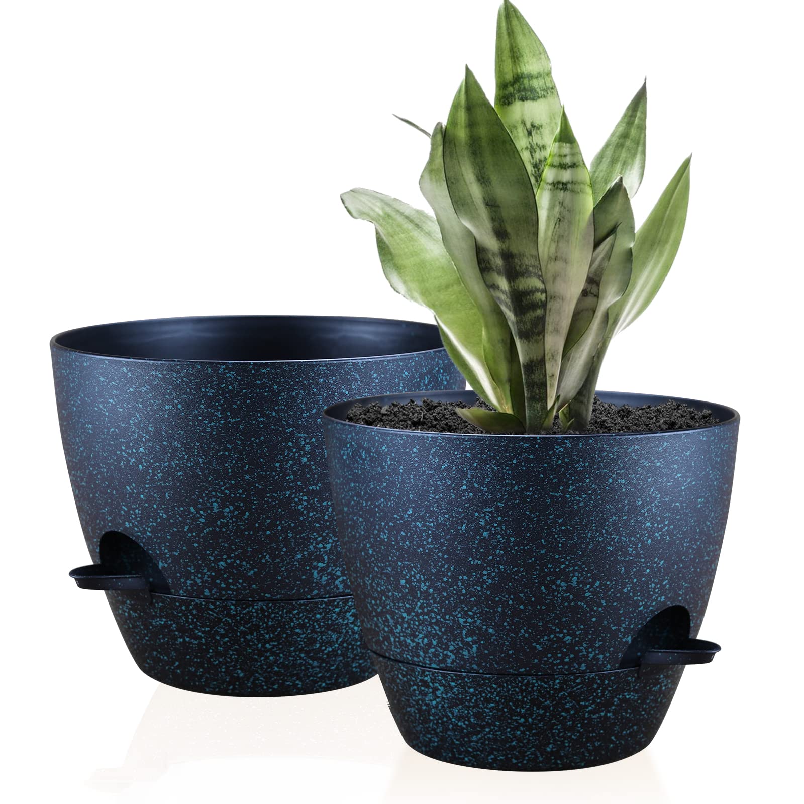 Warmplus 10 inch Speckled Green Indoor Plant Pots with Drainage Holes and Watering Lip for Snake Plant, African Violet, Aloe and Most House Plants, 2-Pack