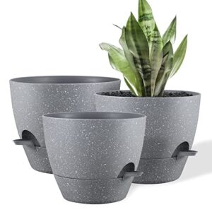 warmplus plastic plant pots set of 3, 10/9/8 inch planters for indoor, plants with drainage holes and watering lip for snake plant, african violet, aloe and most house plants, grey