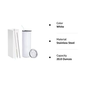 ZREGGUR Sublimation Tumblers bulk 20 oz 1Pack Stainless Steel Double Wall Insulated Straight Sublimation Tumbler Cups Blank White with Lid and straw, Individually Box,brush,Heat Transfer