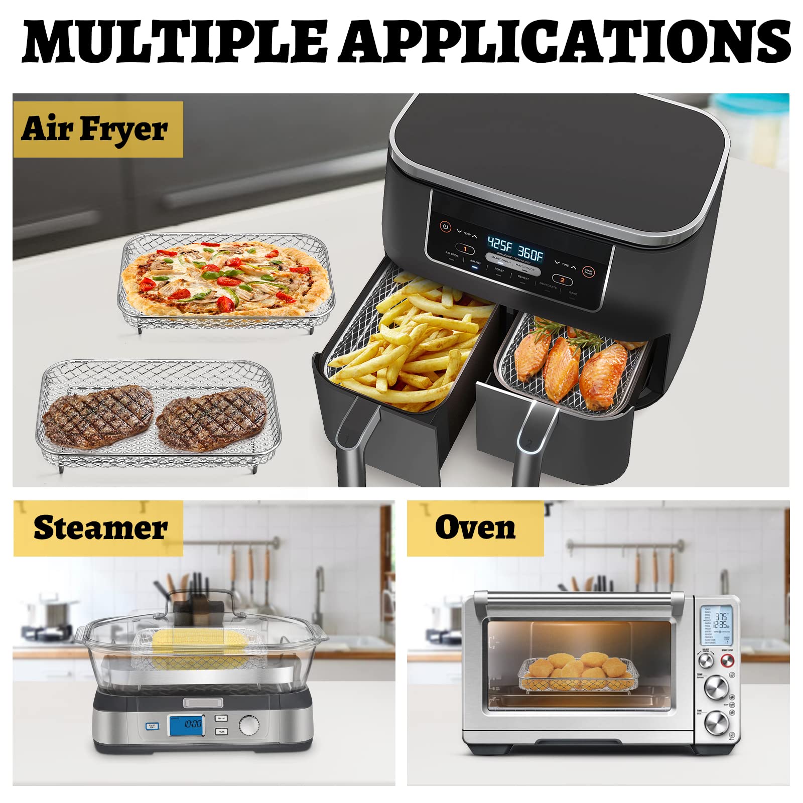 Air Fryer Rack for Ninja Dual Air Fryer Kannino 3pcs Layered Dehydrator Racks Stainless Steel Grilling Rack Rectangle Air Fryer Basket Tray with Clip and Heighten Feet Pad for Double Basket Air Fryers