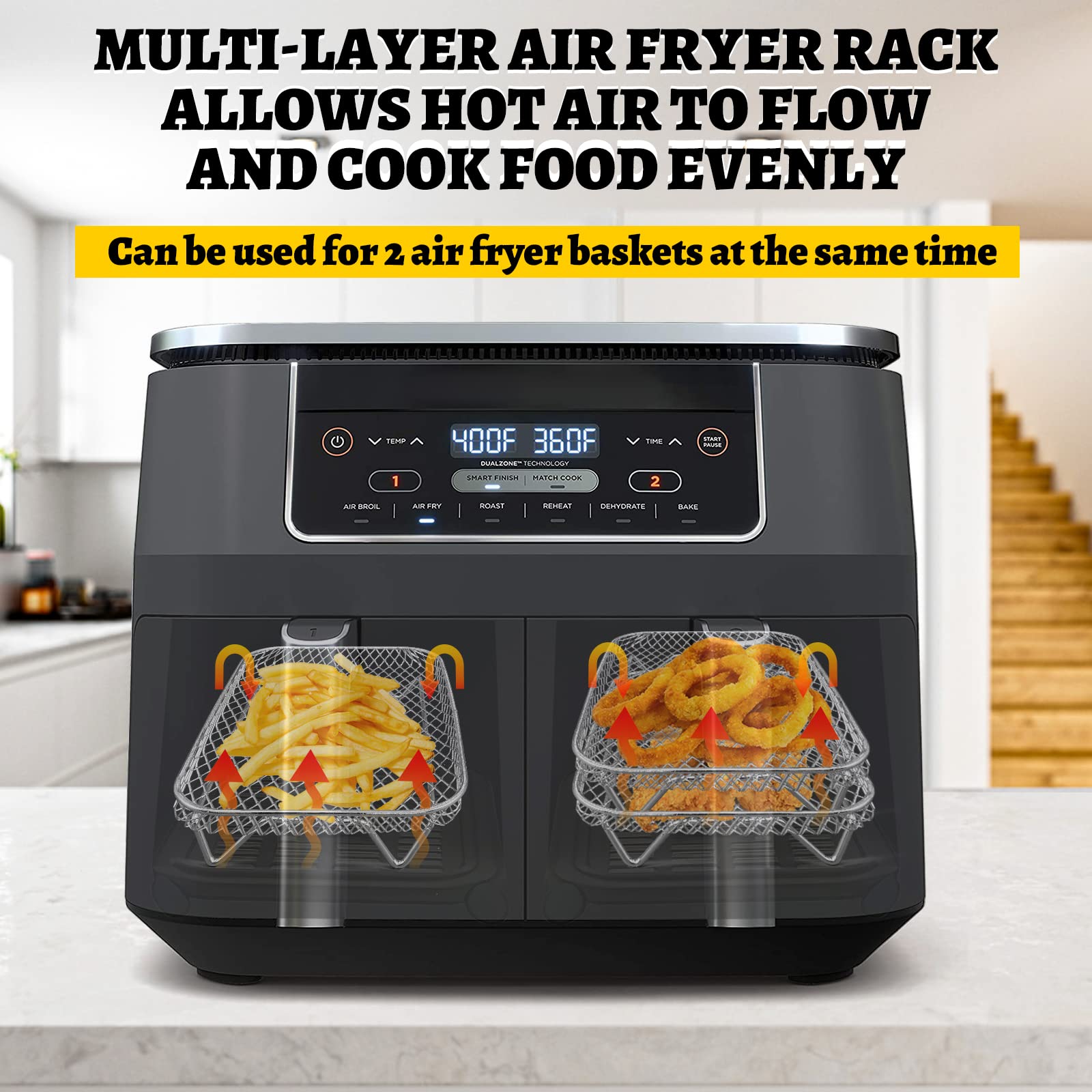 Air Fryer Rack for Ninja Dual Air Fryer Kannino 3pcs Layered Dehydrator Racks Stainless Steel Grilling Rack Rectangle Air Fryer Basket Tray with Clip and Heighten Feet Pad for Double Basket Air Fryers