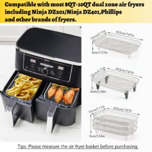 Air Fryer Rack for Ninja Dual Air Fryer Kannino 3pcs Layered Dehydrator Racks Stainless Steel Grilling Rack Rectangle Air Fryer Basket Tray with Clip and Heighten Feet Pad for Double Basket Air Fryers