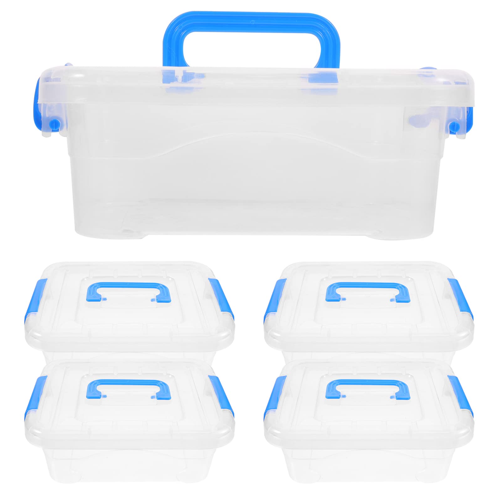 Zerodeko Storage Containers 5pcs Plastic Carrying Case with Handle, Transparent Desktop Storage Box Stackable Storage Bin with Lid Latching Clear Storage Bins Storage Box Ornament Storage