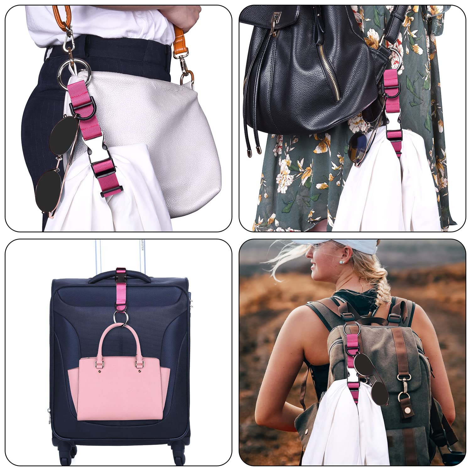 Wisdompro Add a Bag Luggage Strap Jacket Gripper, Luggage Straps Baggage Suitcase Belts Travel Accessories with D-Ring - Make Your Hands Free, Easy to Carry Your Extra Bags - Hot Pink