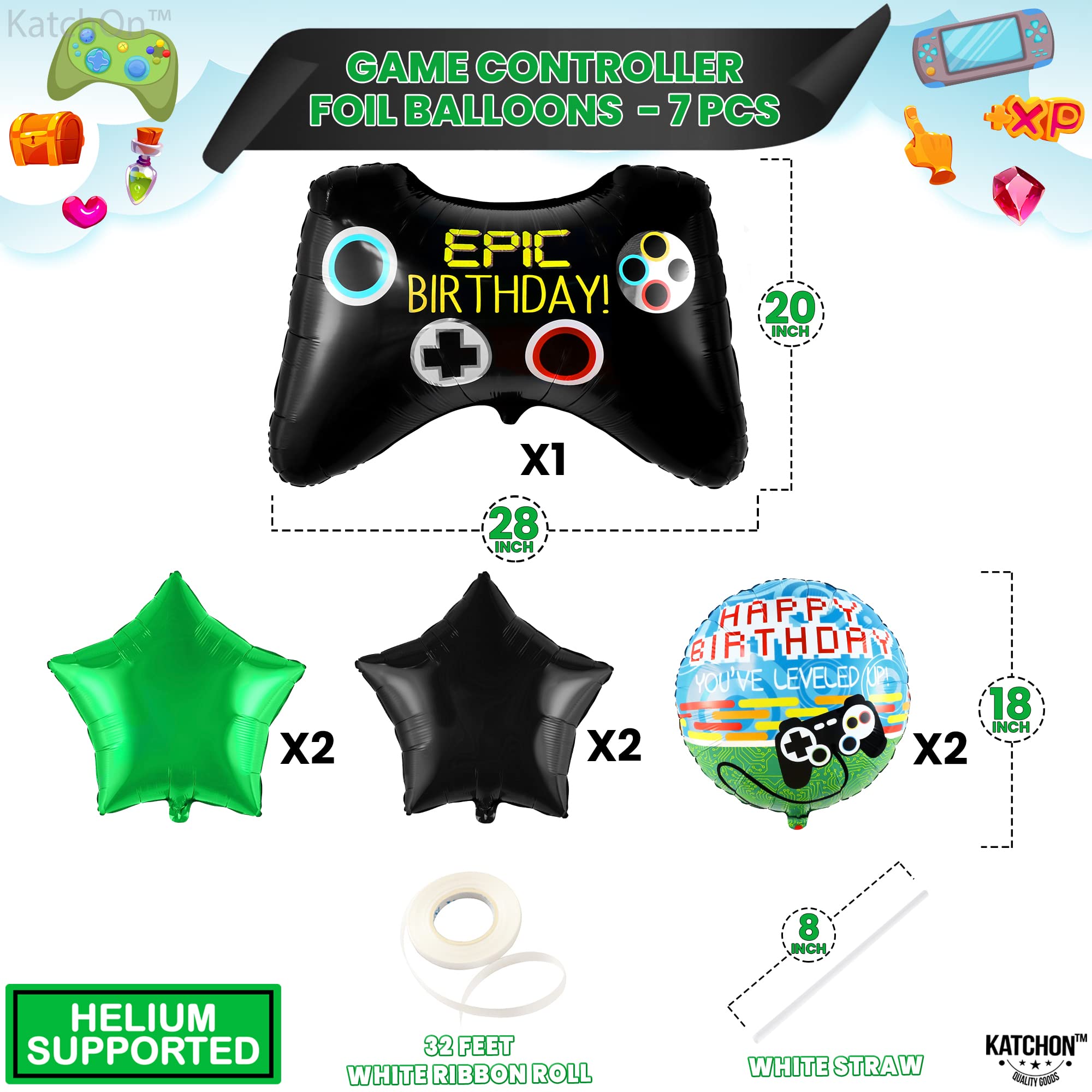 KatchOn, Huge Video Game Balloons - Pack of 7 | Gaming Balloons for Gamer Party Decorations | Gamer Birthday Balloons | Game Controller Balloon with Star Balloons | Gamer Balloons for Birthday Party