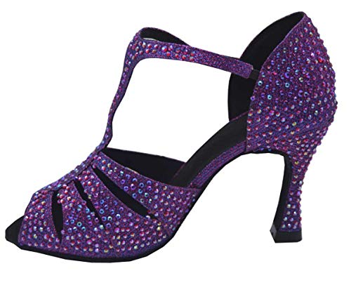 Womens Professional Rhinestones T-bar Latin Dancing Shoes Social Salsa Ballroom Tango Cha-Cha Wedding Dancing Shoes Custom Heel Purple US 8