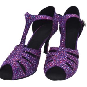 Womens Professional Rhinestones T-bar Latin Dancing Shoes Social Salsa Ballroom Tango Cha-Cha Wedding Dancing Shoes Custom Heel Purple US 8