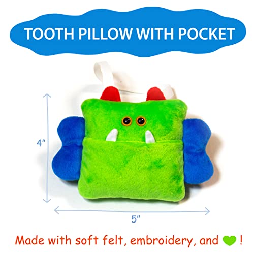 Tooth Fairy Pillow for Boys, Fun Tooth Fairy Kit Includes (1) Monster Tooth Fairy Pouch with Door Hanger, (4) Money Stickers, Fairy Glitter Dust, (8) Magical Toothfairy Notes and Fun Receipts