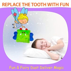 Tooth Fairy Pillow for Boys, Fun Tooth Fairy Kit Includes (1) Monster Tooth Fairy Pouch with Door Hanger, (4) Money Stickers, Fairy Glitter Dust, (8) Magical Toothfairy Notes and Fun Receipts