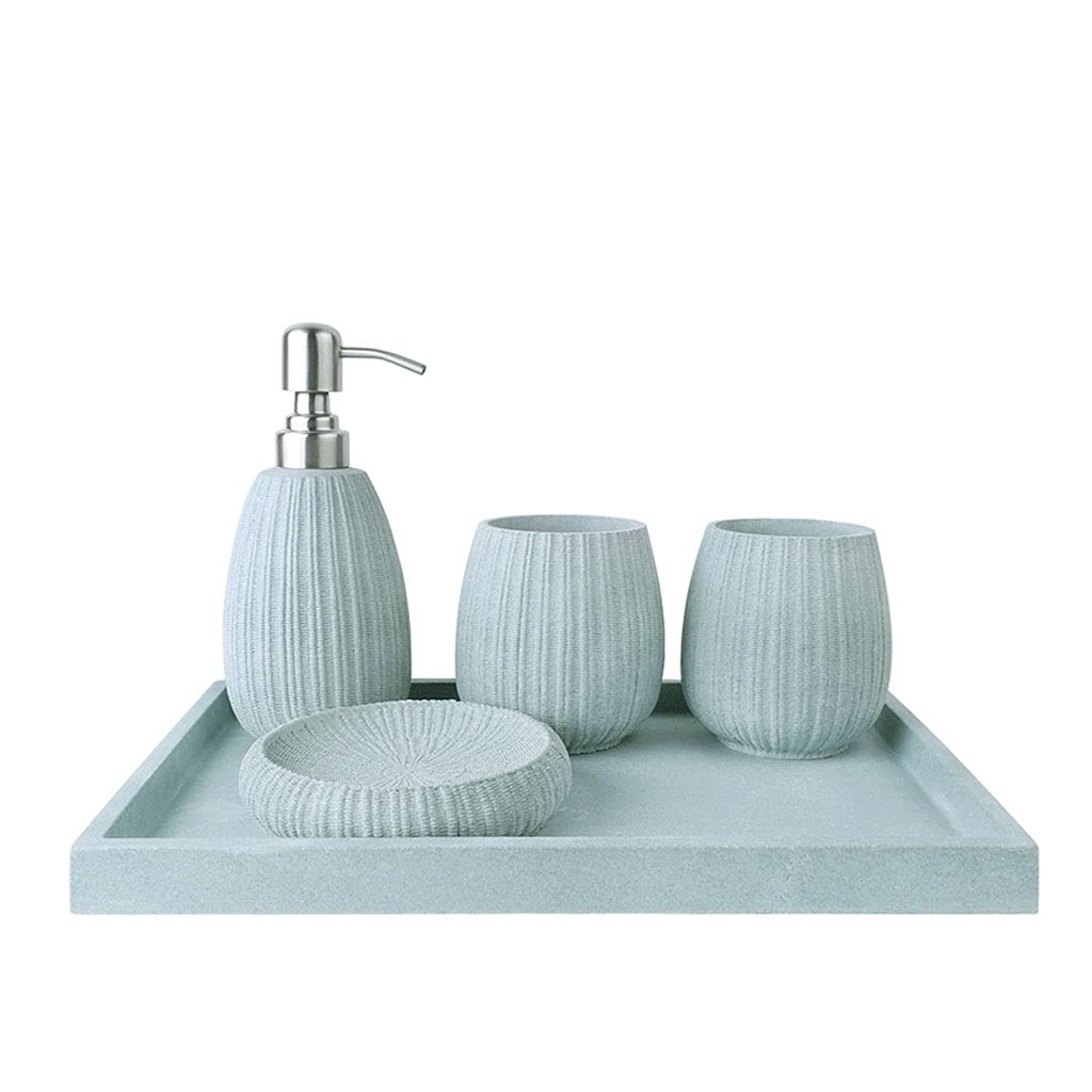 Soap Dispenser Artificial Stone Bathroom Accessories Set - 5 Piece Decoration Bath Accessory Completes Include Soap Dispenser Mouthwash Cup Soap Dish and Tray Soap Dispenser for Bathroom Kitchen ( Col