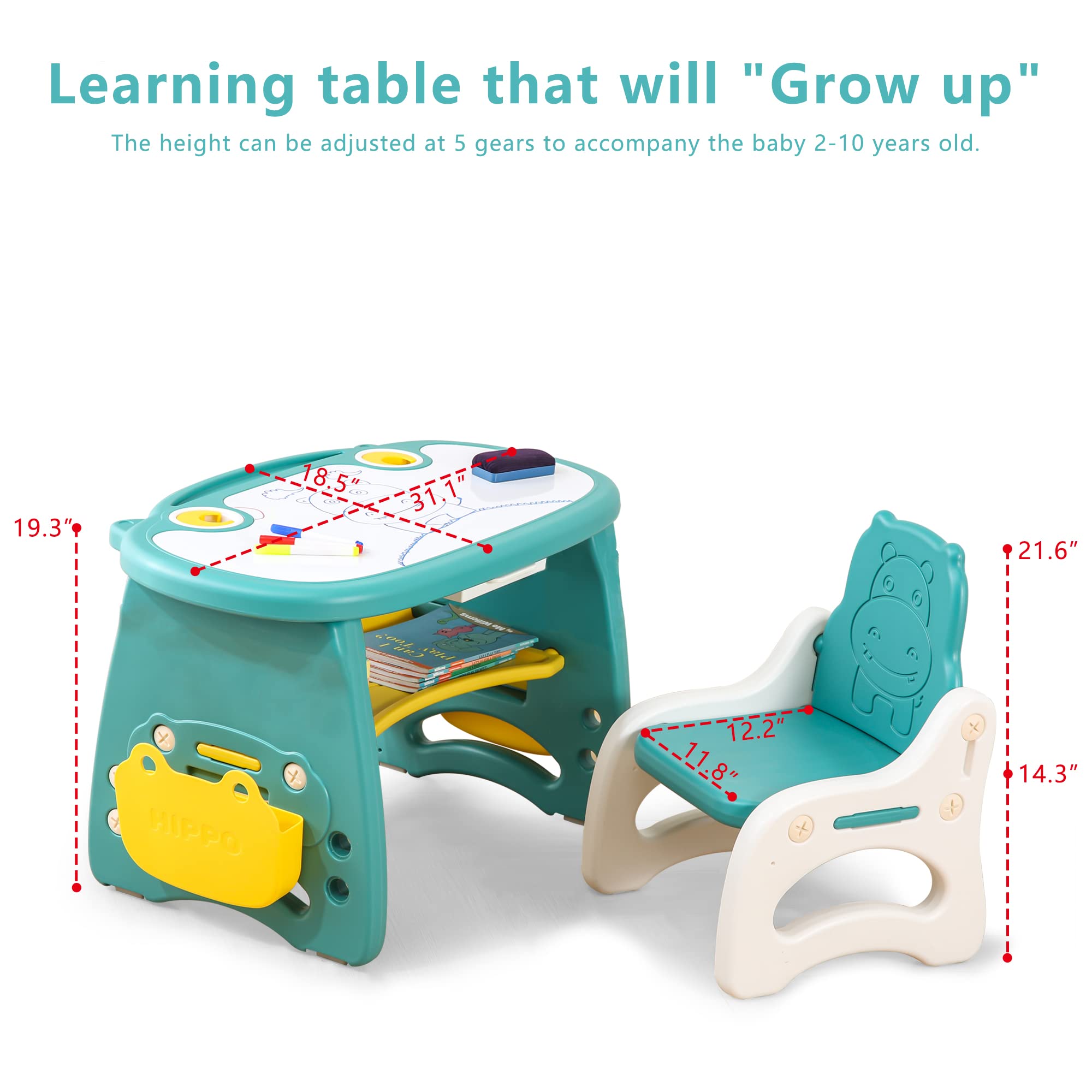 WHY TOYS Kids Table and Chair Set The Table Can Be Graffiti and The Height Can Be Raised and Lowered for Children Age 2-10 The Order Includes Watercolor Pen and Blackboard Eraser