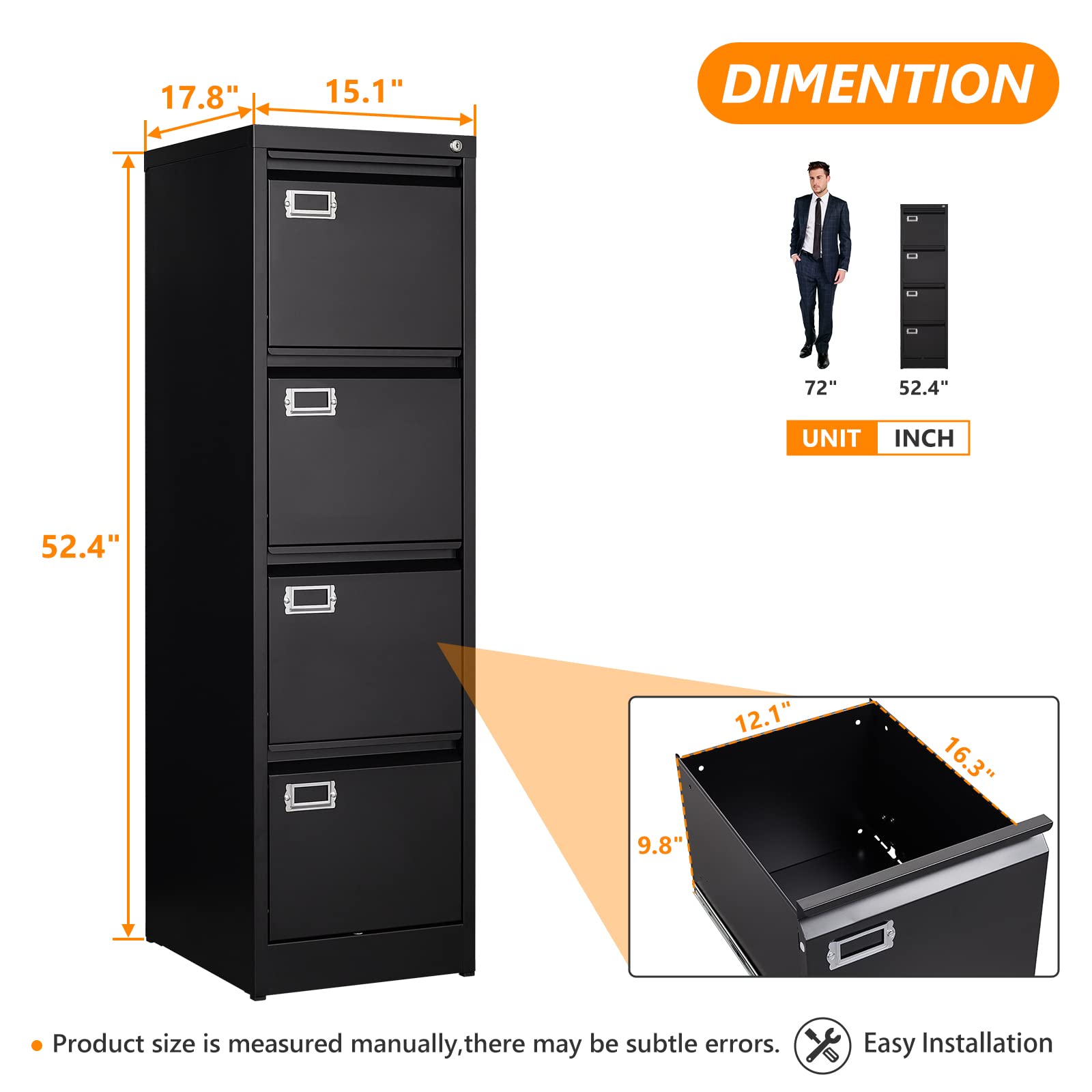 ZAOUS Metal Vertical File Storage Cabinet, 4 Drawer File Cabinet with Lock, 18" Deep Vertical Filing Cabinets for A4 Legal/Letter Size, Assembly Required (4 Drawer - Black)