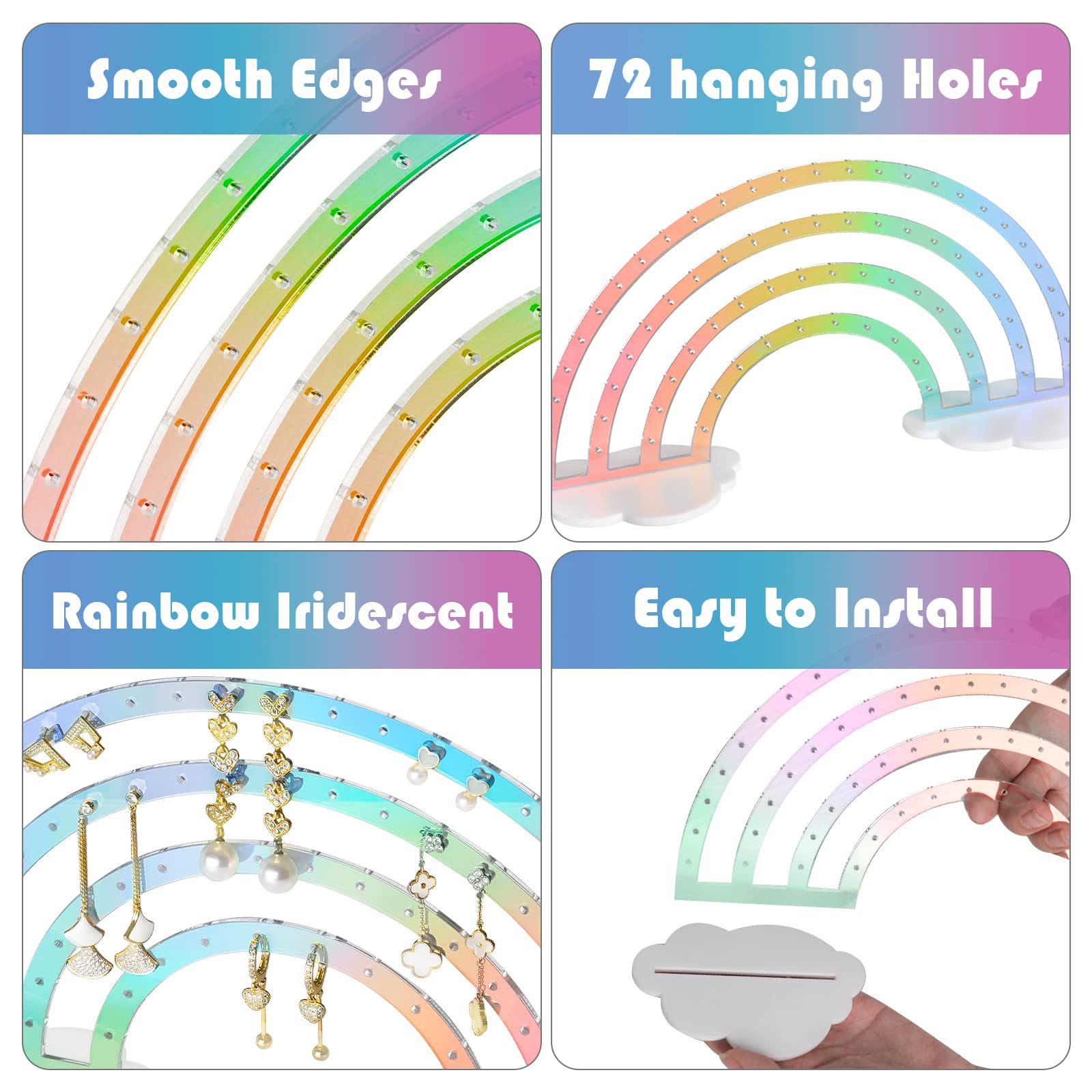 NiHome Iridescent Earrings Holder 74 Holes Display Rainbow Iridescent Ear Studs Jewelry Show Rack Stand Organizer Holder Plastic Clear Acrylic Earring Rack Holder Organizer for Girl Women