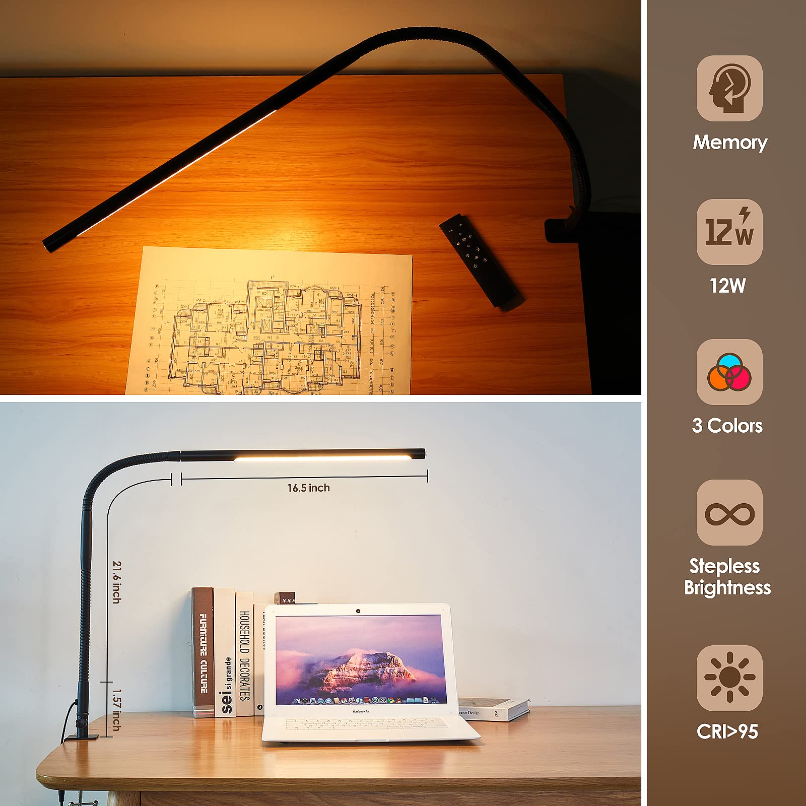 Desk Lamp with Clamp,Swing Arm Eye-Care LED Light Dimmable with 3 Color Modes Stepless Brightness, Adjust Gooseneck Lamp for Architect Home Office Workbench, 360 Degree Memory Metal Table Light