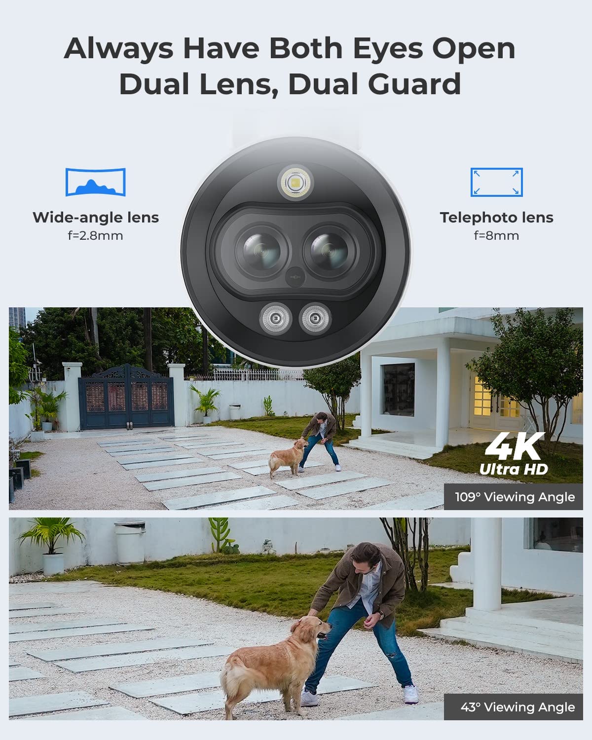 REOLINK Dual View PoE Camera - IP Security Camera System with 1x 4K Wide-Angle Lens and 1x 3MP Telephoto Lens for A Close-up, AI Detection, Color Night Vision, Two-Way Talk, RLC-81MA