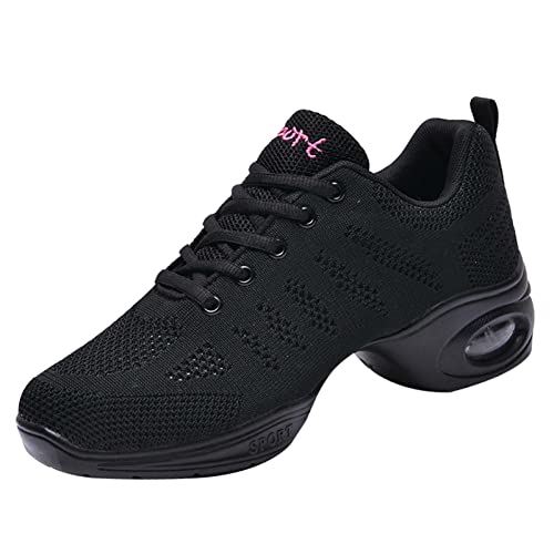 Jazz Shoes Women Lace-up Zumba Shoes Split-Sole Air Cushion Breathable Mesh Modern Sneakers Platform Dancing Shoes for Jazz Zumba Ballet Folk Black 40