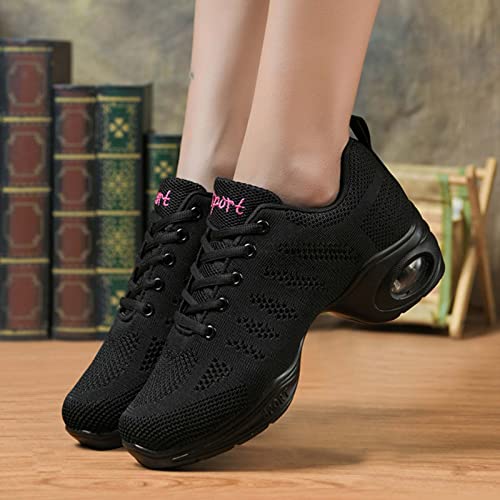 Jazz Shoes Women Lace-up Zumba Shoes Split-Sole Air Cushion Breathable Mesh Modern Sneakers Platform Dancing Shoes for Jazz Zumba Ballet Folk Black 40