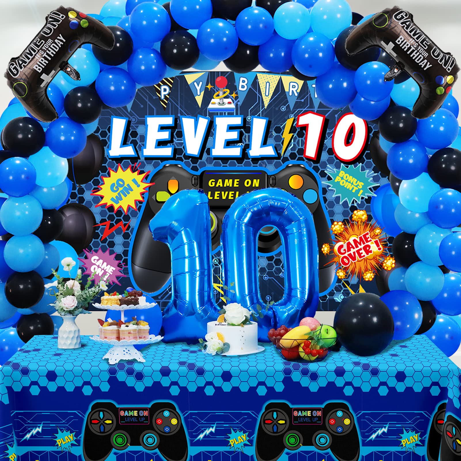 Vlipoeasn 90PCS 10th Birthday Video Game Party Decorations for Boys Set Blue 10th Birthday Supplies -10th Video Game Backdrop, Balloons, Tablecloth, Gamer and 10 Foil Balloons for 10th Birthday Party