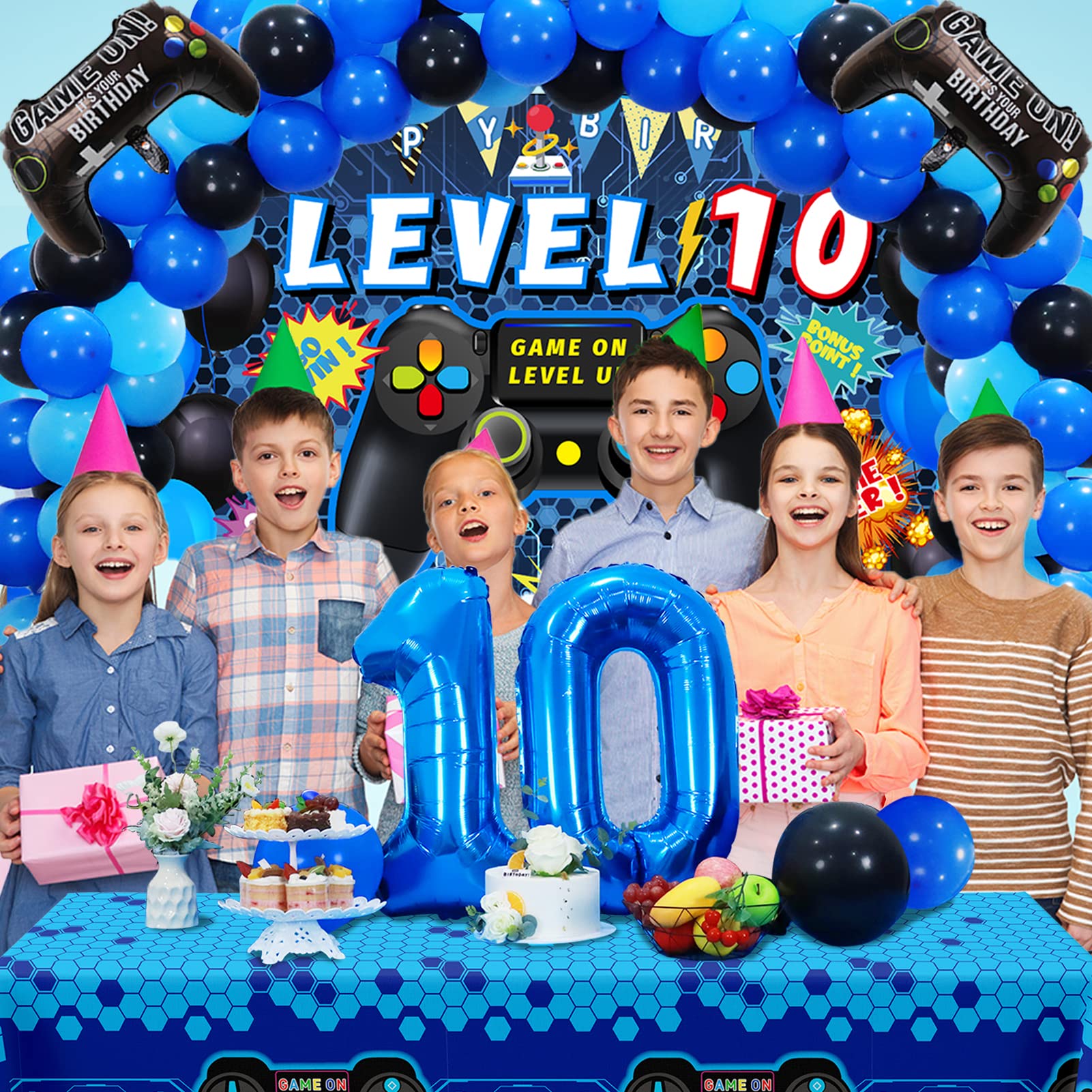 Vlipoeasn 90PCS 10th Birthday Video Game Party Decorations for Boys Set Blue 10th Birthday Supplies -10th Video Game Backdrop, Balloons, Tablecloth, Gamer and 10 Foil Balloons for 10th Birthday Party