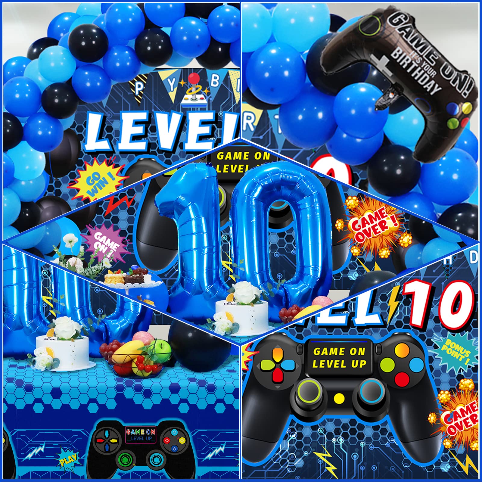 Vlipoeasn 90PCS 10th Birthday Video Game Party Decorations for Boys Set Blue 10th Birthday Supplies -10th Video Game Backdrop, Balloons, Tablecloth, Gamer and 10 Foil Balloons for 10th Birthday Party