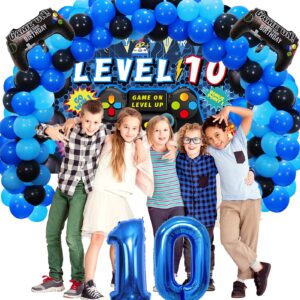 Vlipoeasn 90PCS 10th Birthday Video Game Party Decorations for Boys Set Blue 10th Birthday Supplies -10th Video Game Backdrop, Balloons, Tablecloth, Gamer and 10 Foil Balloons for 10th Birthday Party