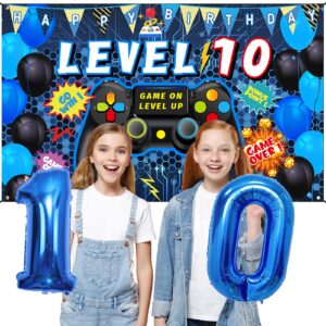 Vlipoeasn 90PCS 10th Birthday Video Game Party Decorations for Boys Set Blue 10th Birthday Supplies -10th Video Game Backdrop, Balloons, Tablecloth, Gamer and 10 Foil Balloons for 10th Birthday Party