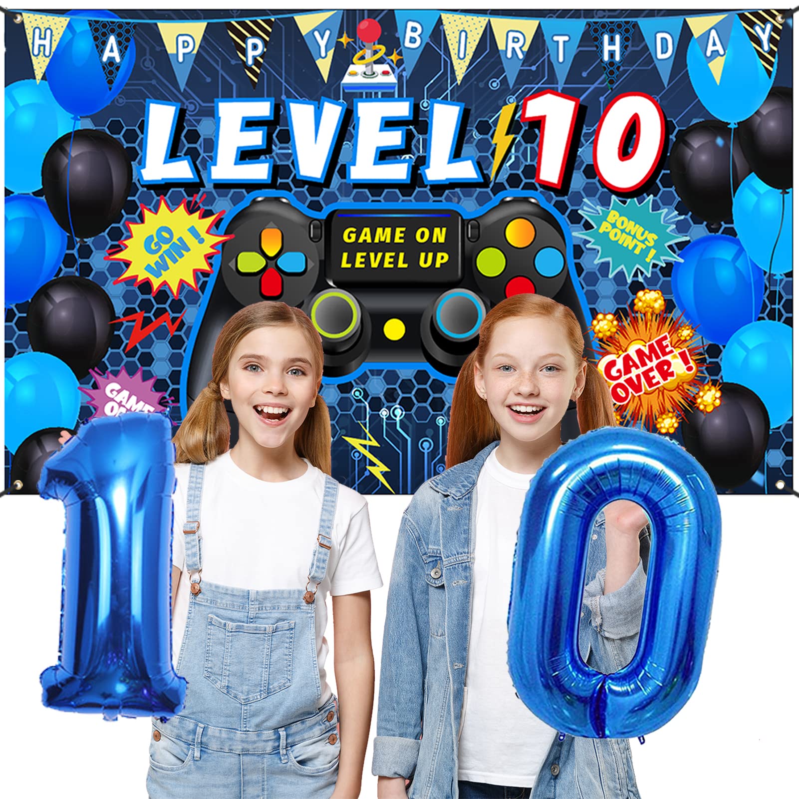 Vlipoeasn 90PCS 10th Birthday Video Game Party Decorations for Boys Set Blue 10th Birthday Supplies -10th Video Game Backdrop, Balloons, Tablecloth, Gamer and 10 Foil Balloons for 10th Birthday Party