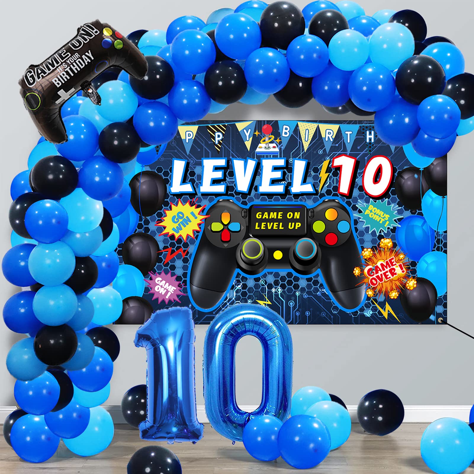 Vlipoeasn 90PCS 10th Birthday Video Game Party Decorations for Boys Set Blue 10th Birthday Supplies -10th Video Game Backdrop, Balloons, Tablecloth, Gamer and 10 Foil Balloons for 10th Birthday Party