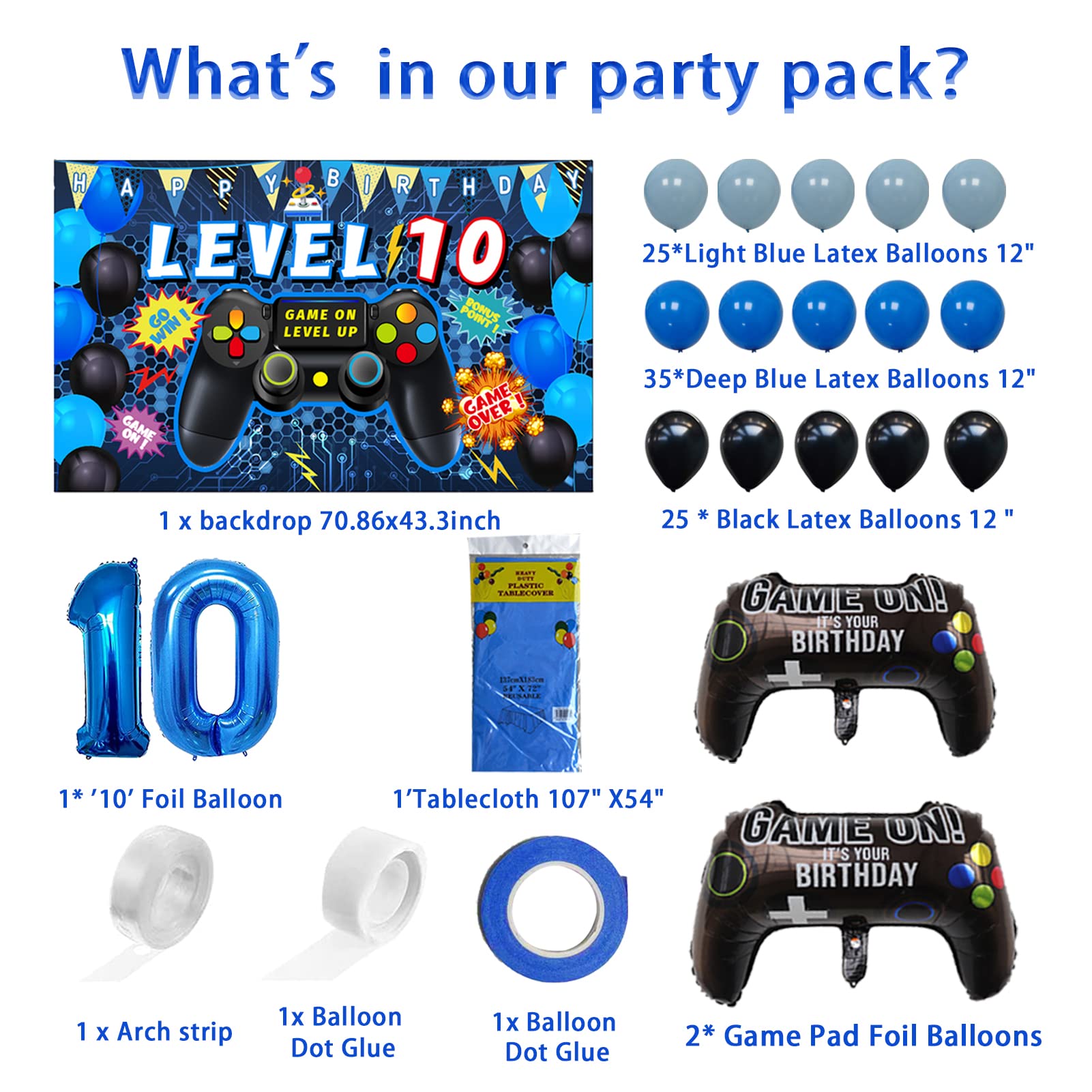 Vlipoeasn 90PCS 10th Birthday Video Game Party Decorations for Boys Set Blue 10th Birthday Supplies -10th Video Game Backdrop, Balloons, Tablecloth, Gamer and 10 Foil Balloons for 10th Birthday Party