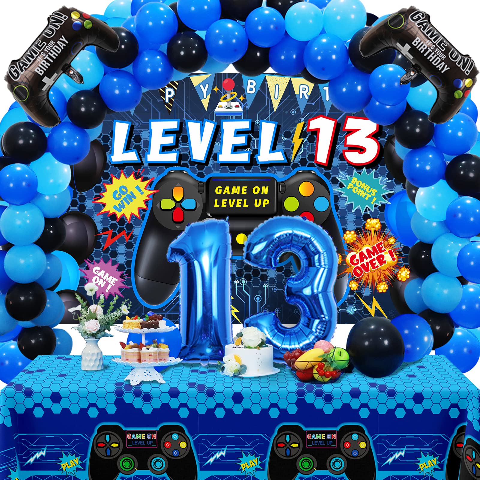 Vlipoeasn 90PCS 13th Birthday Video Game Party Decorations for Boys Set Blue 13th Birthday Supplies -13th Video Game Backdrop, Balloons, Tablecloth, Gamer and 13 Foil Balloons for 13 Years Old