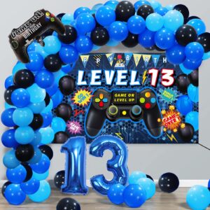 Vlipoeasn 90PCS 13th Birthday Video Game Party Decorations for Boys Set Blue 13th Birthday Supplies -13th Video Game Backdrop, Balloons, Tablecloth, Gamer and 13 Foil Balloons for 13 Years Old