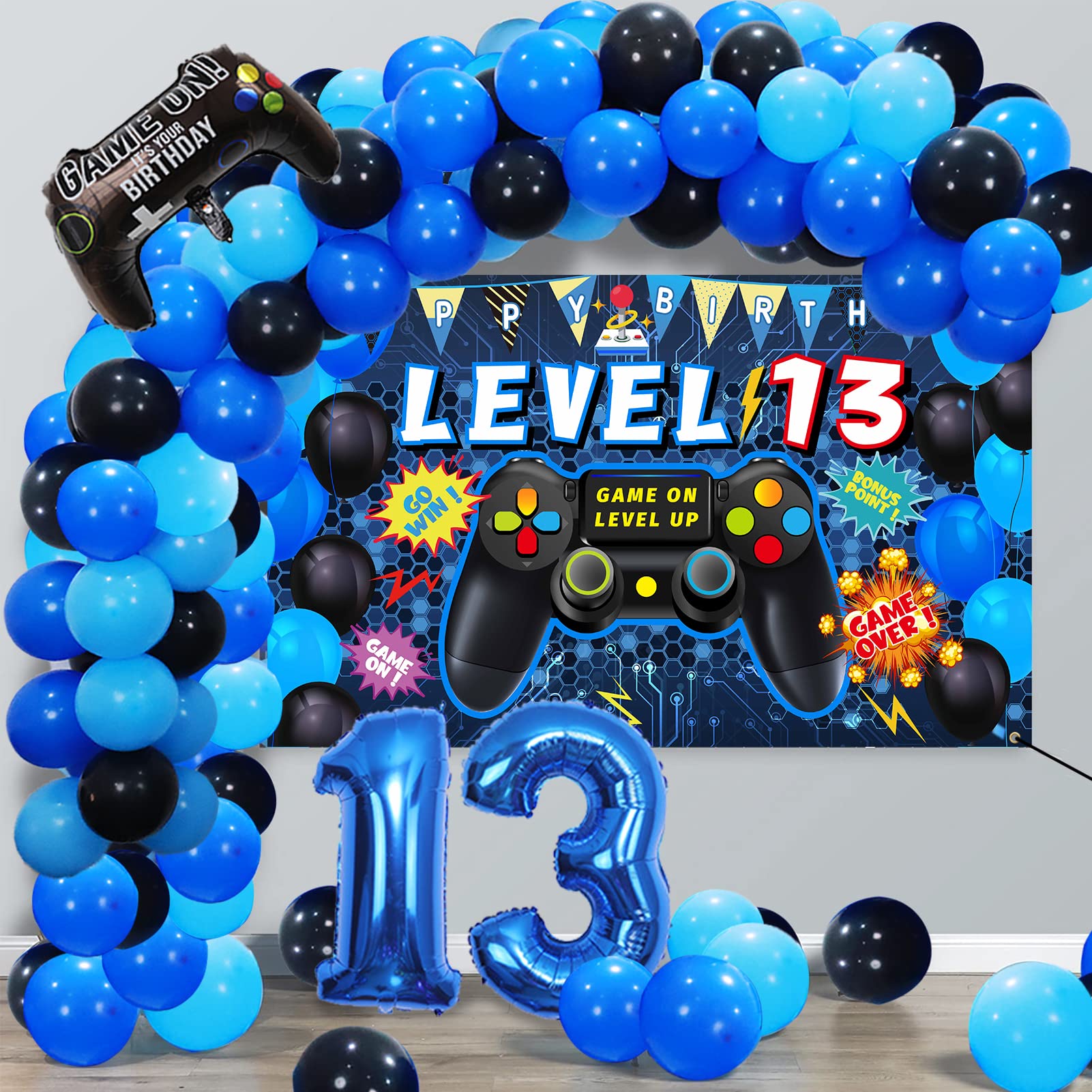 Vlipoeasn 90PCS 13th Birthday Video Game Party Decorations for Boys Set Blue 13th Birthday Supplies -13th Video Game Backdrop, Balloons, Tablecloth, Gamer and 13 Foil Balloons for 13 Years Old