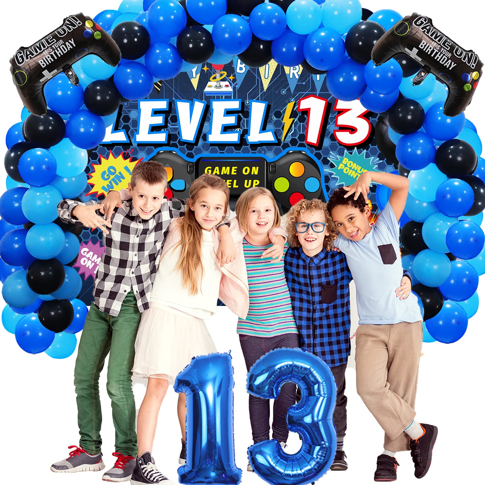 Vlipoeasn 90PCS 13th Birthday Video Game Party Decorations for Boys Set Blue 13th Birthday Supplies -13th Video Game Backdrop, Balloons, Tablecloth, Gamer and 13 Foil Balloons for 13 Years Old